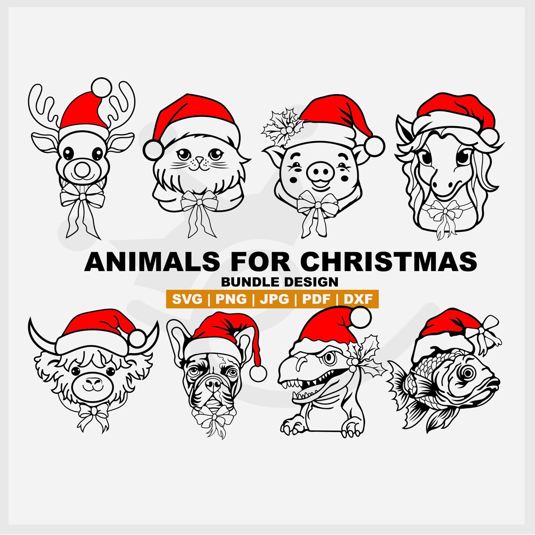 Animal Christmas Bundle SVG Including Highland Cow, Horse, Deer, Trex ...