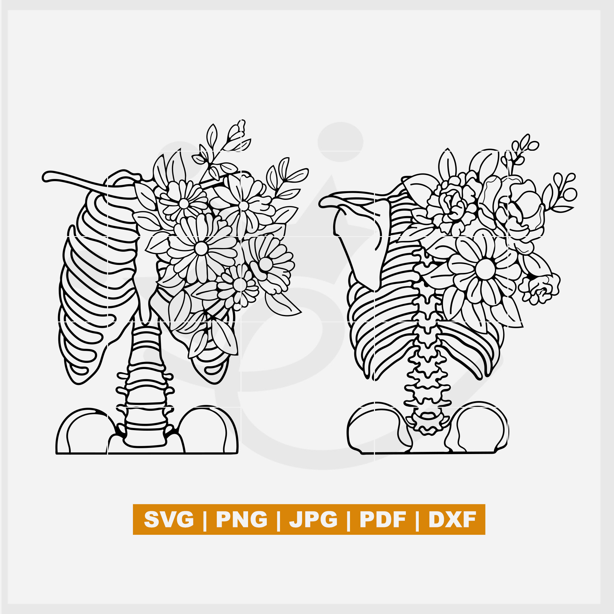 Front and Back Ribcage SVG With Flowers, Rib Cage Floral Outline, Front ...