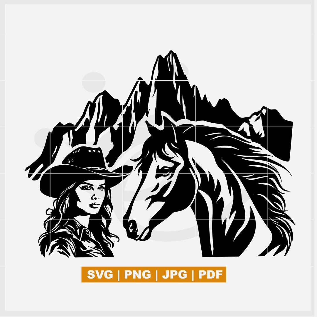 Cowgirl With Her Horse and Mountain Background, Beautiful Cowgirl Svg ...