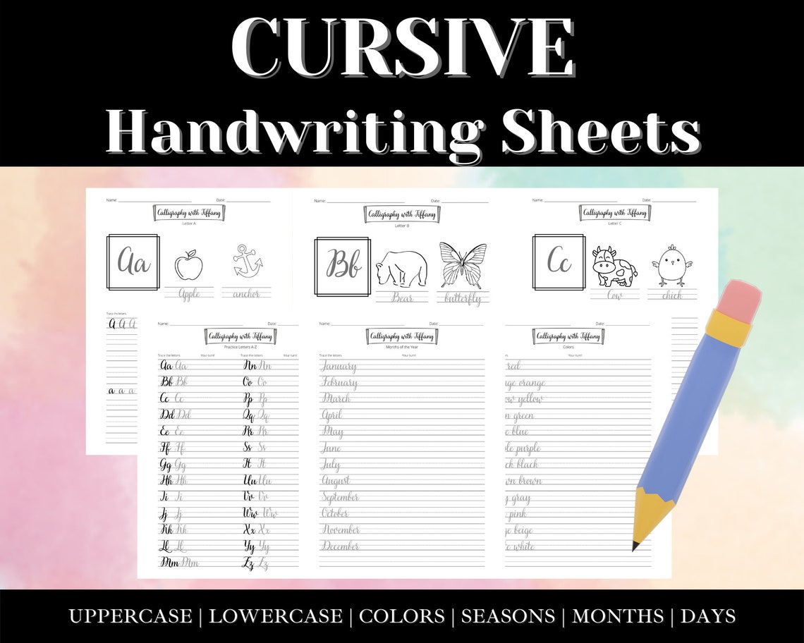 Cursive Handwriting A-Z Practice Sheets, Calligraphy Alphabet Writing ...