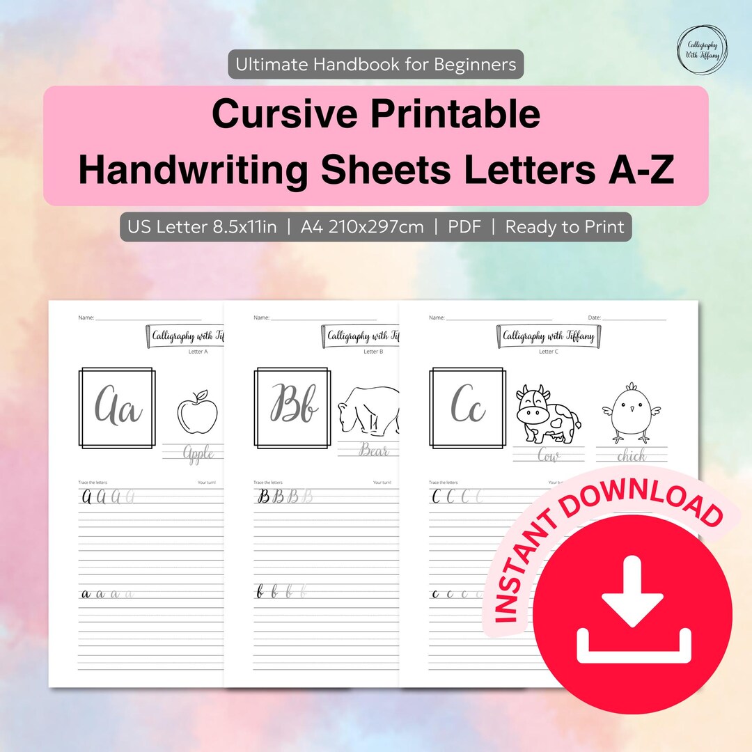 A-Z Cursive Handwriting Practice Sheets | Calligraphy Tracing Workbook ...