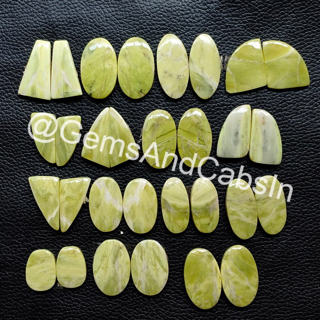 Lemon Serpentine Pair, Lemon Serpentine Gemstone Pair, Natural ...