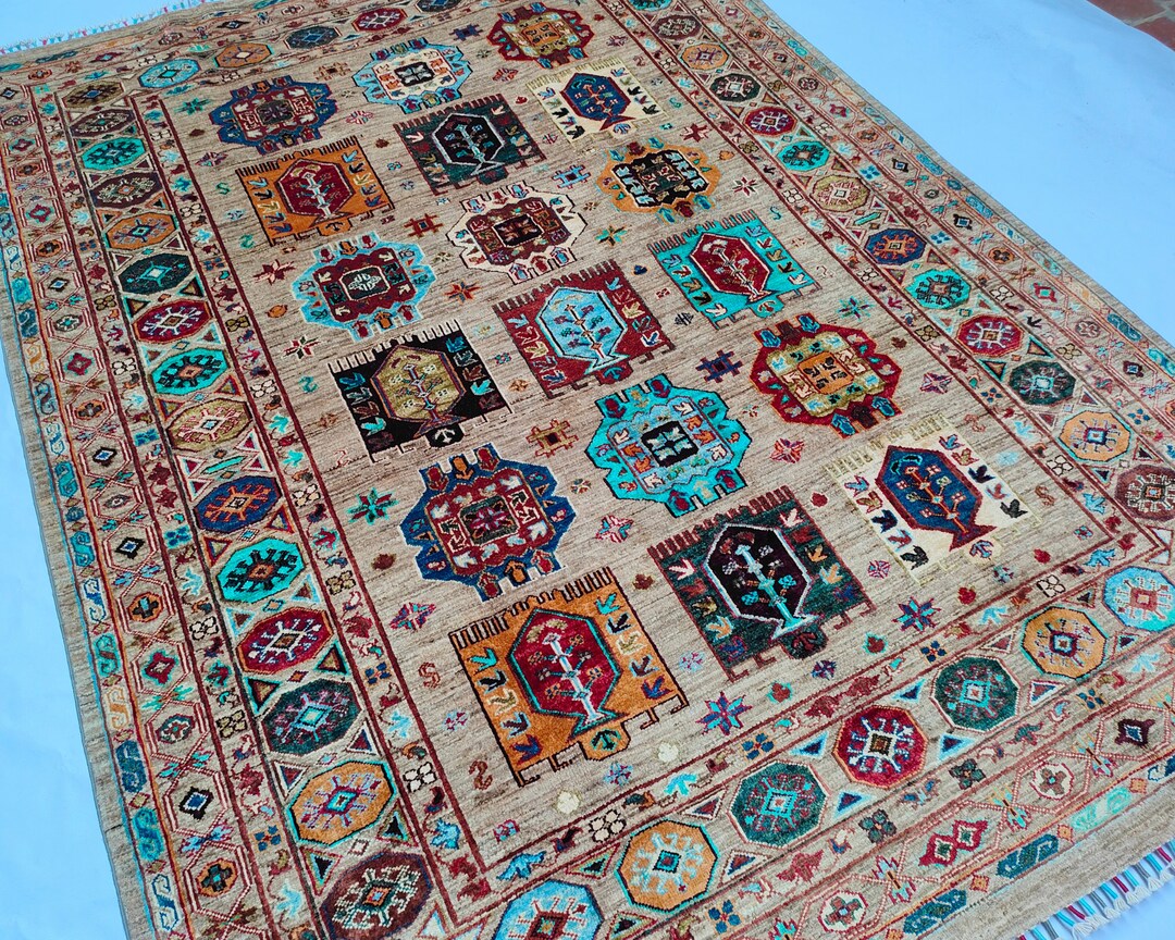 6x8 Tribal Waziri Rug Light Gray Afghan Hand Knotted Natural - Etsy