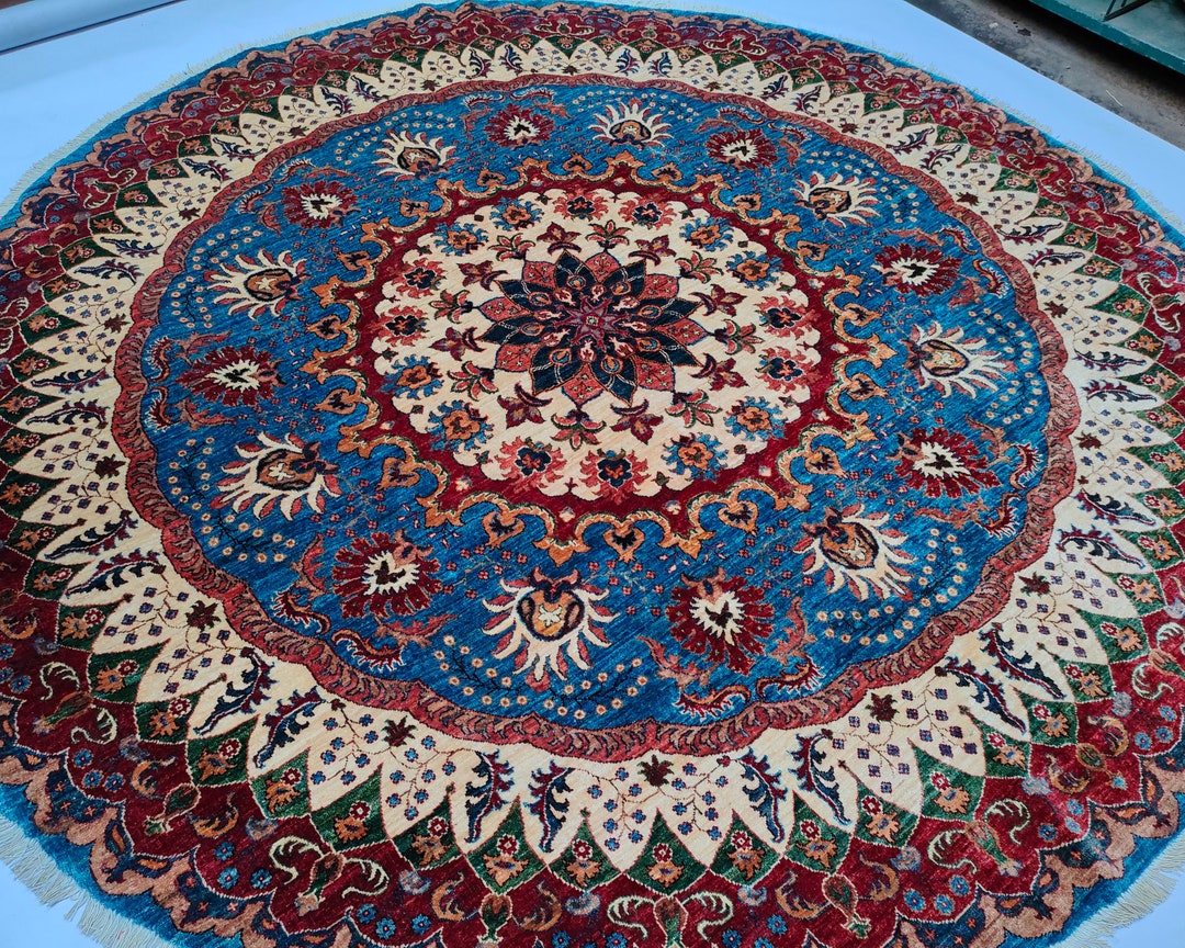 9x9 Round Area Rug Blue Red Hand Knotted Persian Style 100% - Etsy