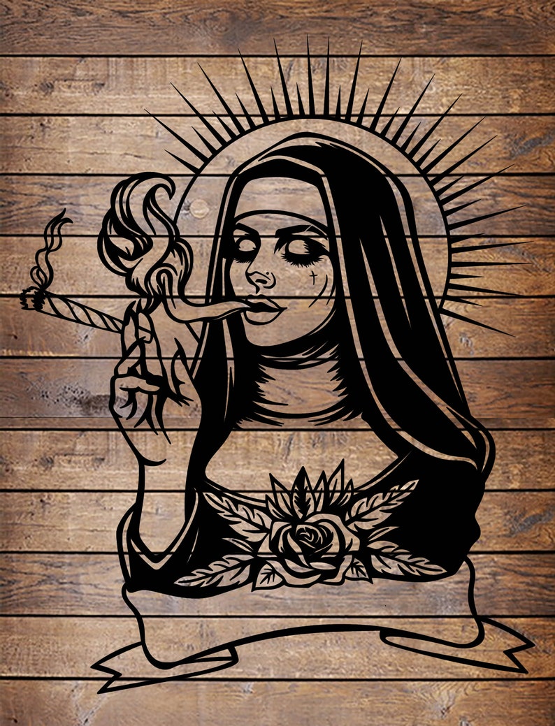 SVG/PNG Nun Badass Smoking Nun Tattoo Horror Stencil for Cricut Vinyl ...