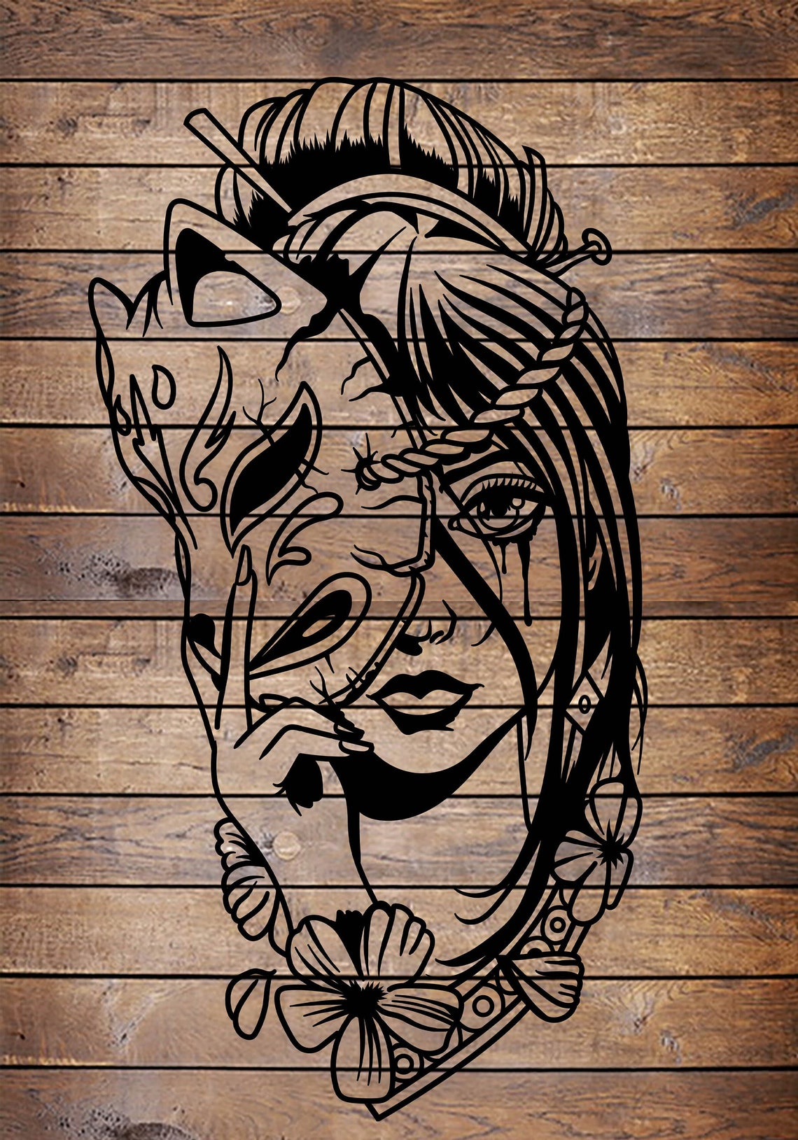 SVG/PNG Kitsune Geisha Girl Japanese Horror Tattoo Stencil for Cricut ...