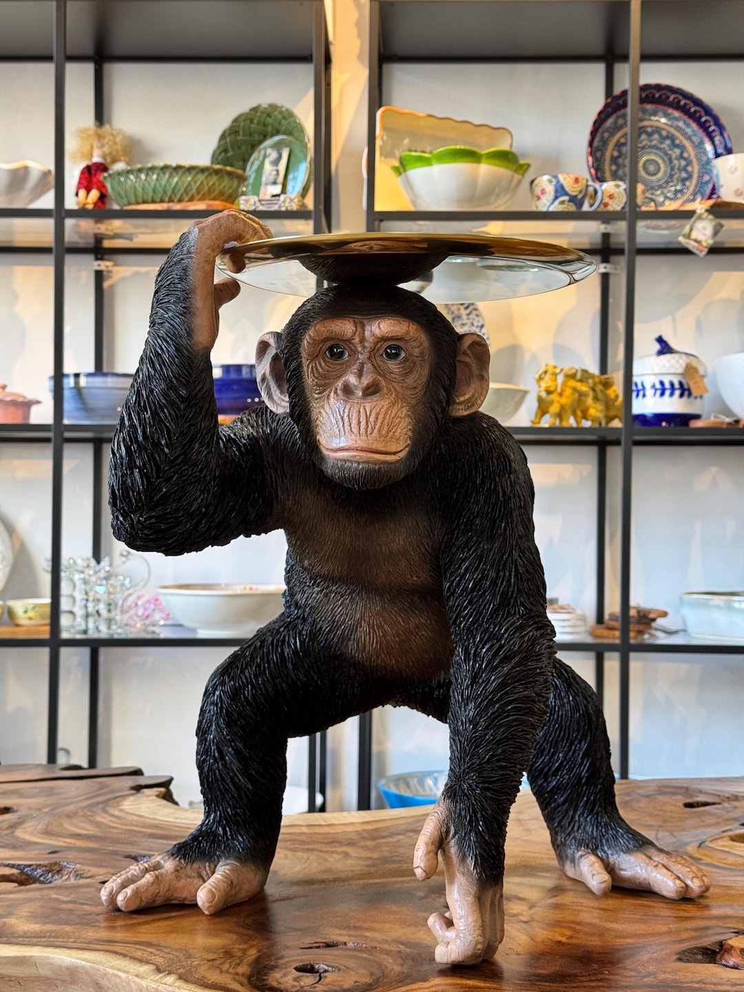 Monkey Statue / Sculpture Chimpanzee With Tray / Animal Figure Black ...