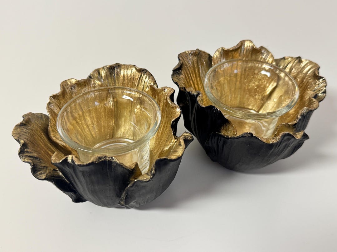 Black Gold Tealight Holder Set – 2 Candle Holders Flower Design With ...