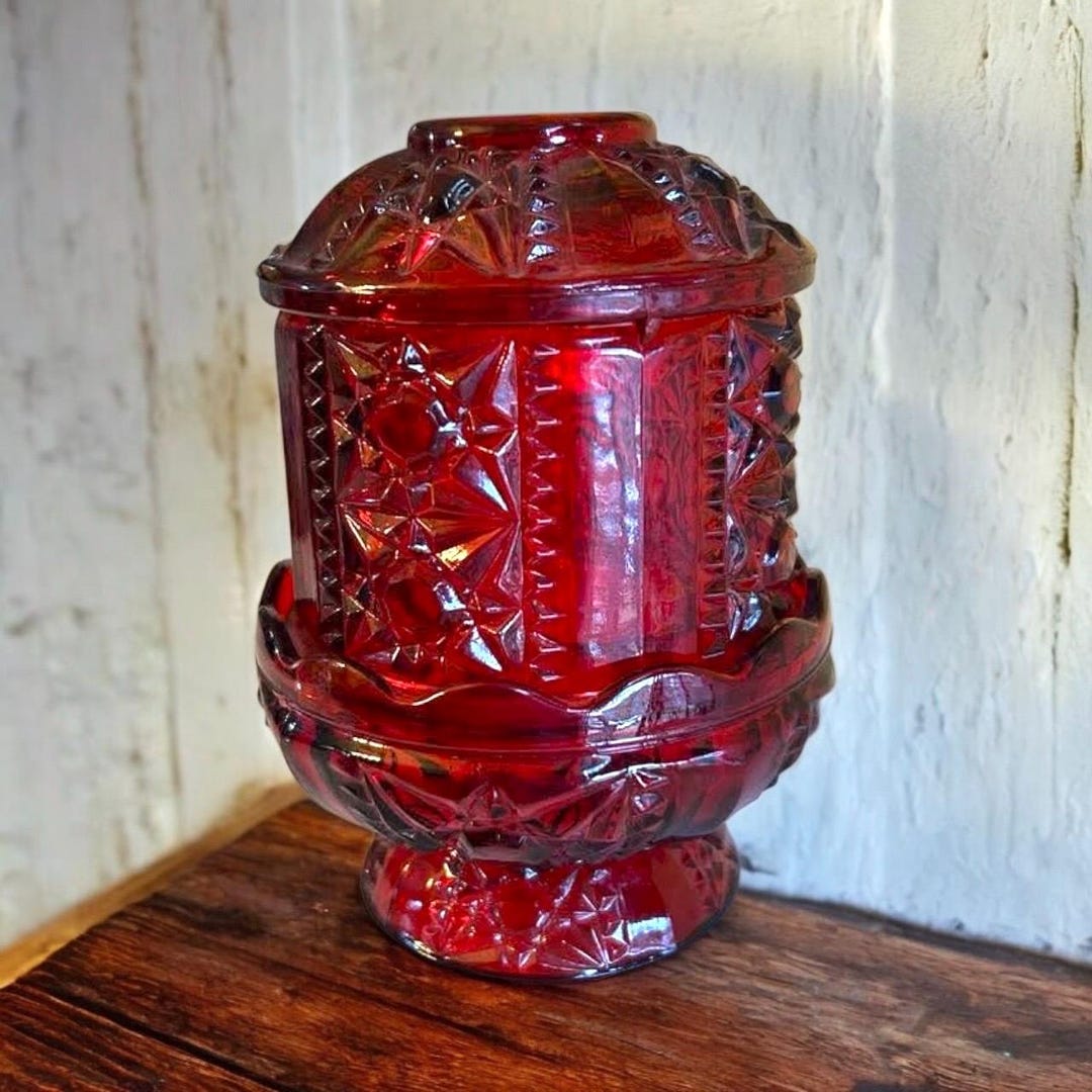 Vintage Fairy Lamp, Indiana Glass, Red Flash Glass, 3 Pieces, Stars and ...