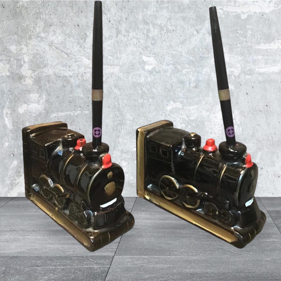 Vintage Set of Black Ceramic Locomotive Bookends With Pen Holders and ...