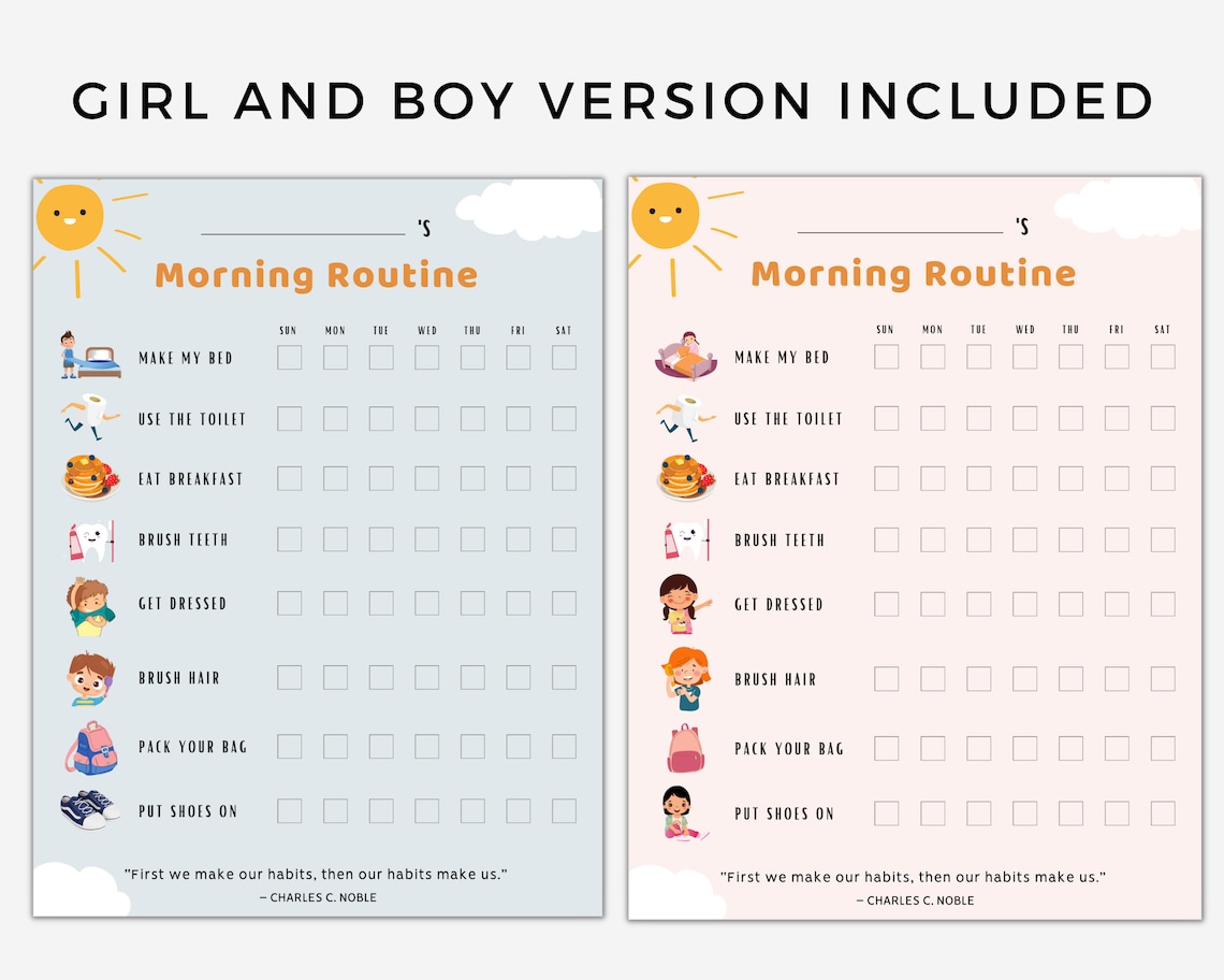 Kids Morning Routine Chart Printable, Morning Checklist for Boys and ...