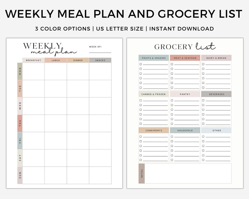 Buy Minimalist Weekly Meal and Grocery List Printable Planner for ...