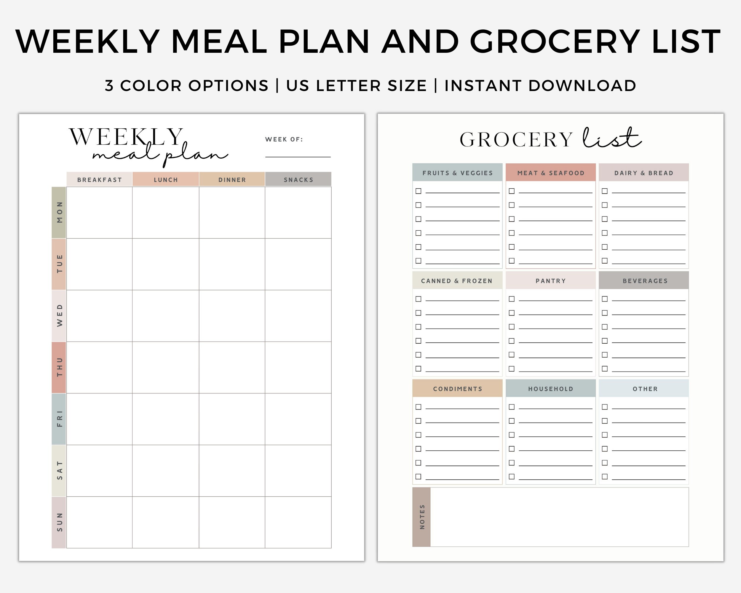 Buy Minimalist Weekly Meal and Grocery List Printable Planner for ...