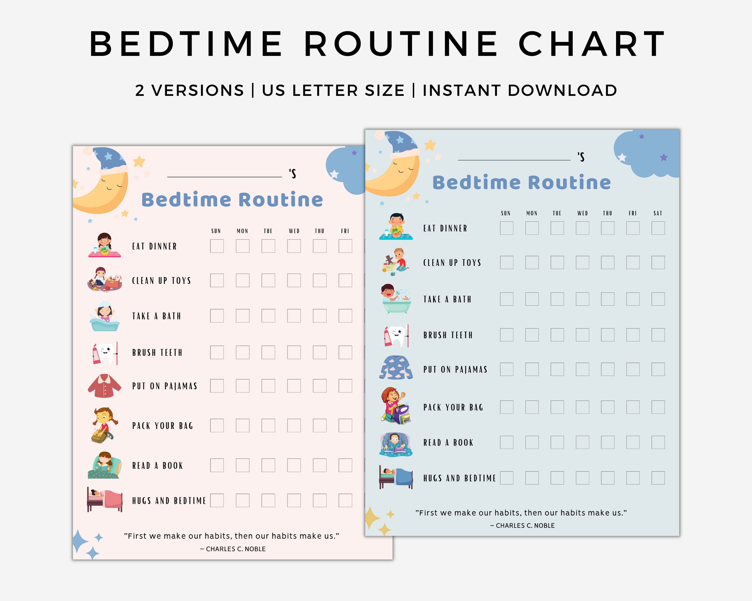 Kids Bedtime Routine Chart Printable, Bedtime Checklist for Boys and ...