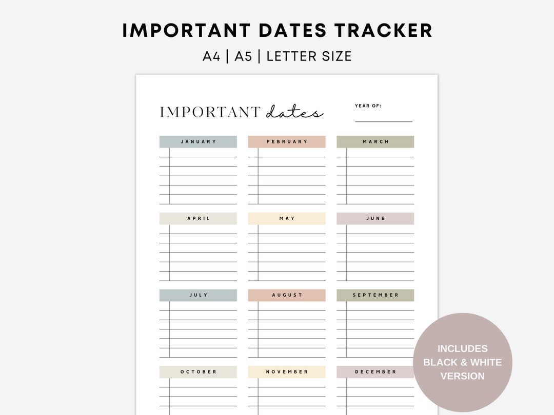 Yearly Important Dates Tracker Birthdays, Holidays, Travels, Events ...