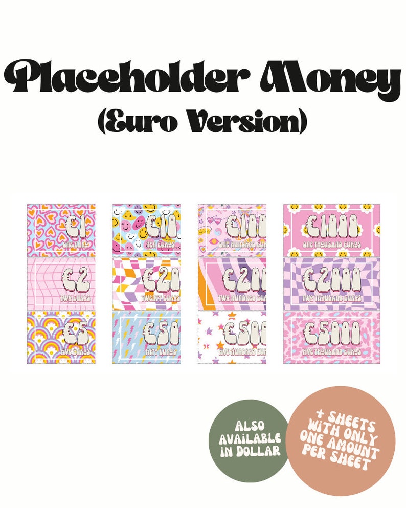 Funky Y2k Placeholder Money Slips for Cash Stuffing dollar and Euro ...