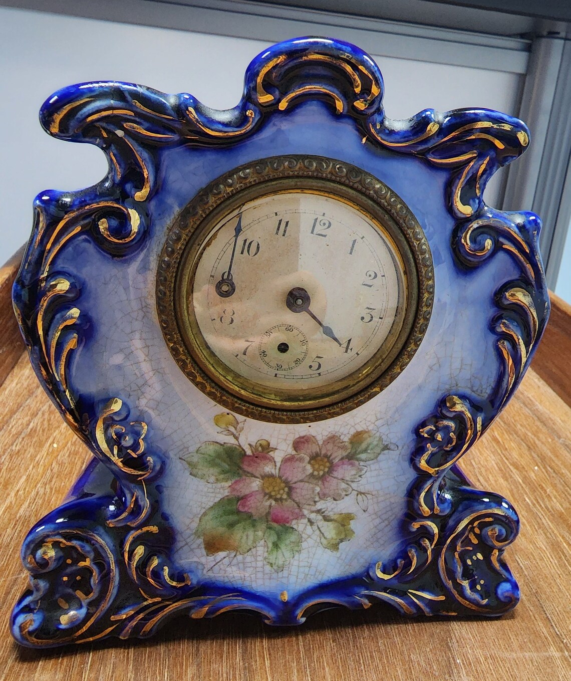 RARE Vintage 1895 Waterbury Clock Co Blue Scroll Ceramic Painted Mantle ...