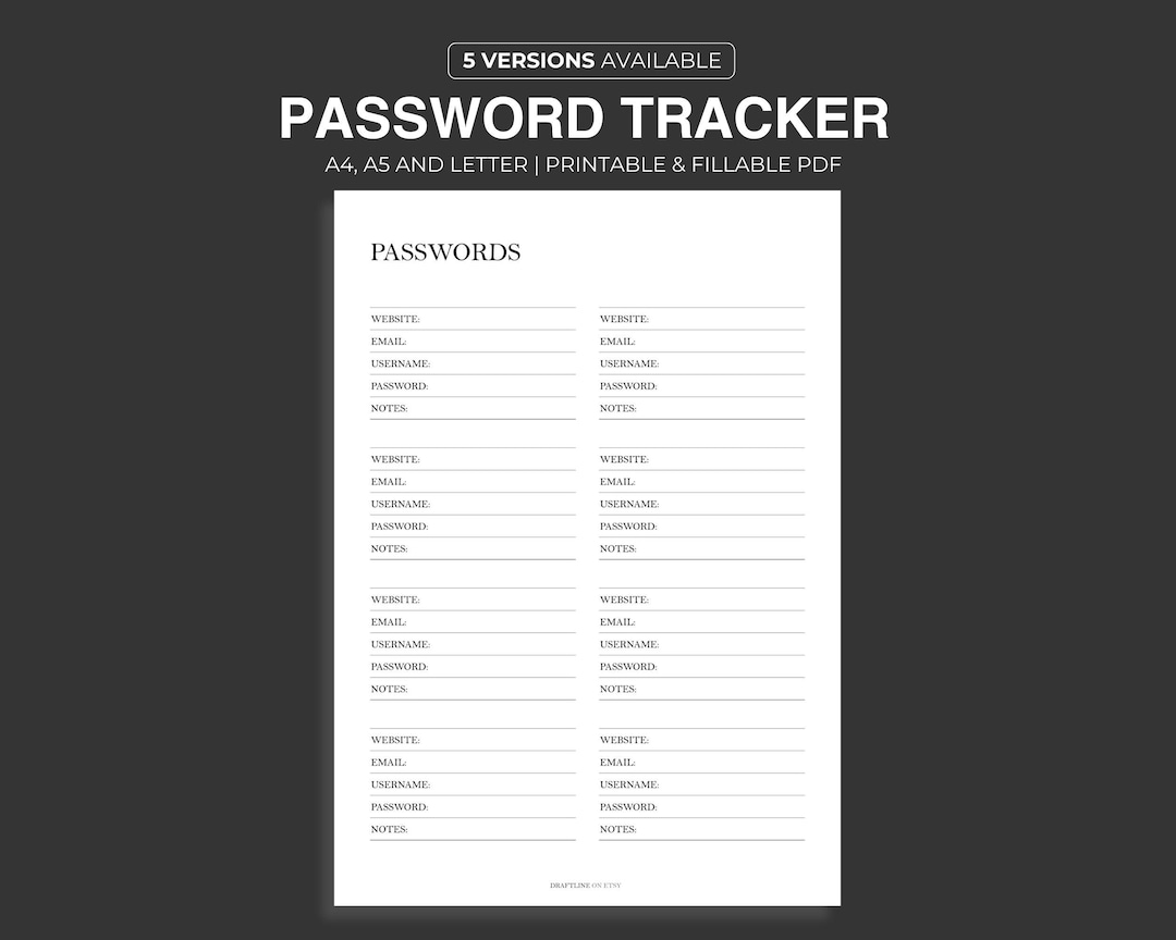 Password Tracker Printable: Fillable PDF, A4/a5/letter Size (instant ...
