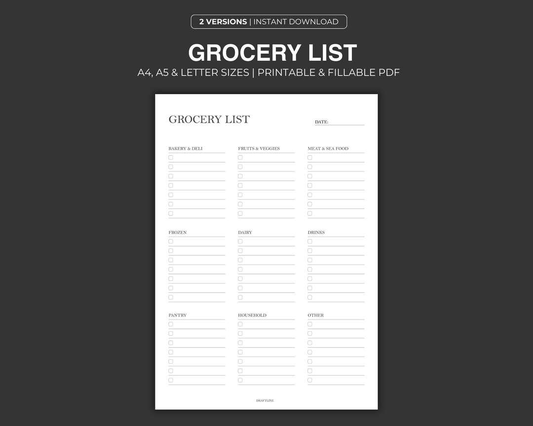 Printable Grocery List Template: Fillable Food Planner (a4/a5/letter ...
