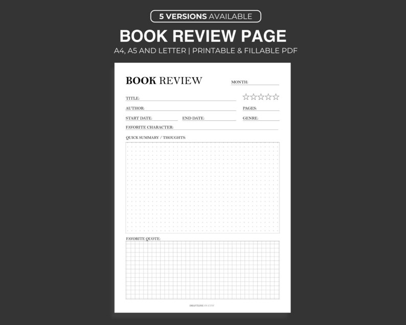 Book Review Page Inserts Printable PDF 5 Unique Fillable, Editable ...