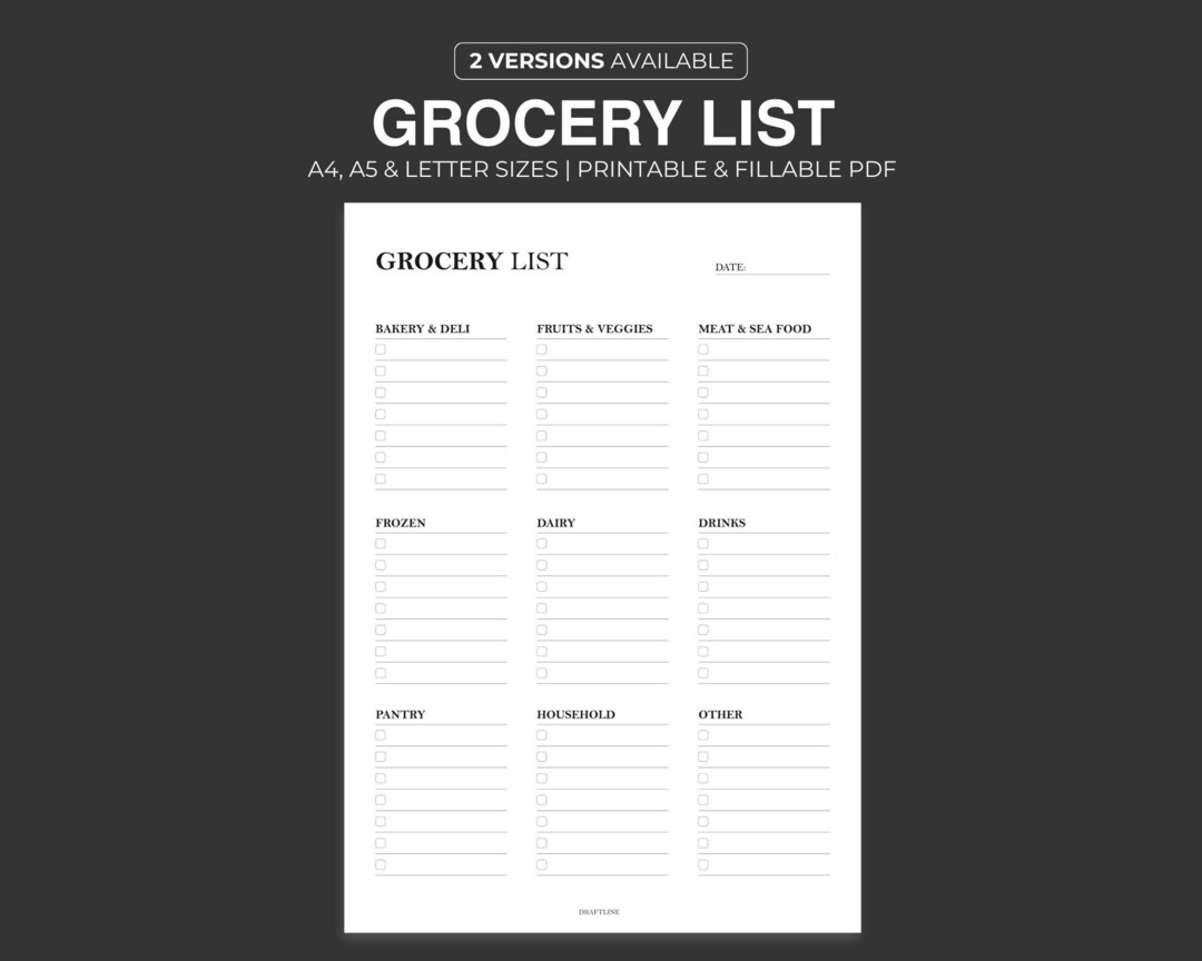 Grocery List Printable Fillable Template PDF, Grocery Planner, Food ...
