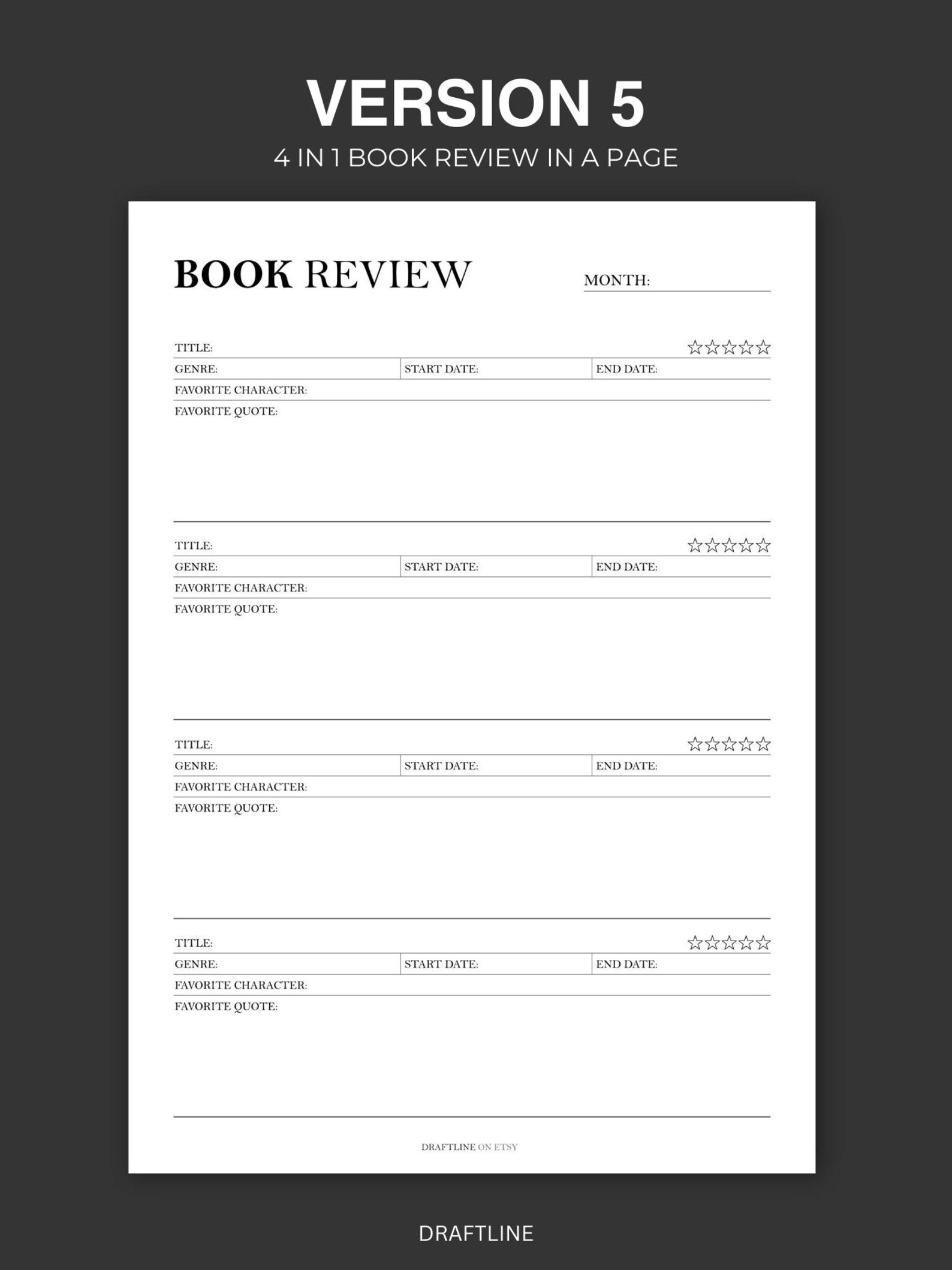 Book Review Page Inserts Printable PDF 5 Unique Fillable, Editable ...
