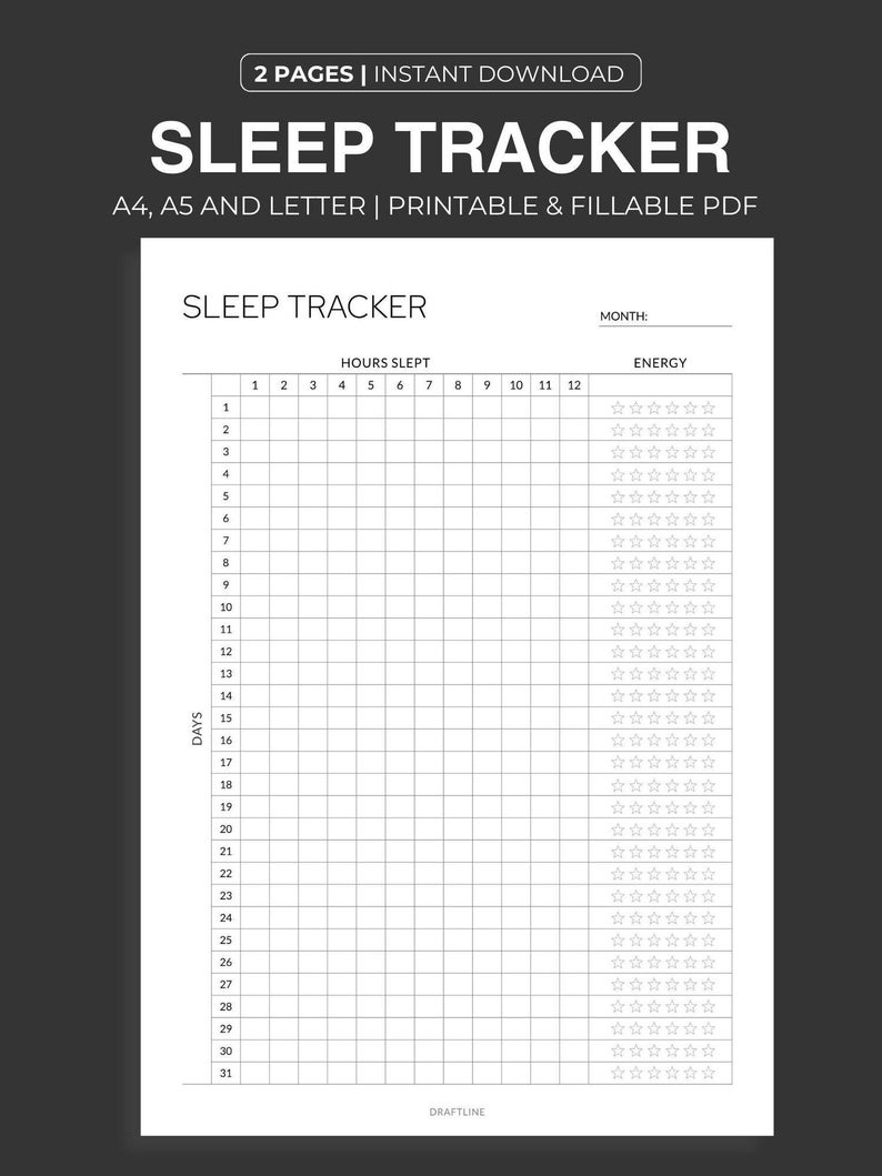 Printable Monthly Sleep Tracker: Energy Level, Sleep Quality (a4/a5 ...