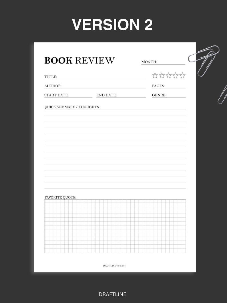 Book Review Page Inserts Printable PDF 5 Unique Fillable, Editable ...