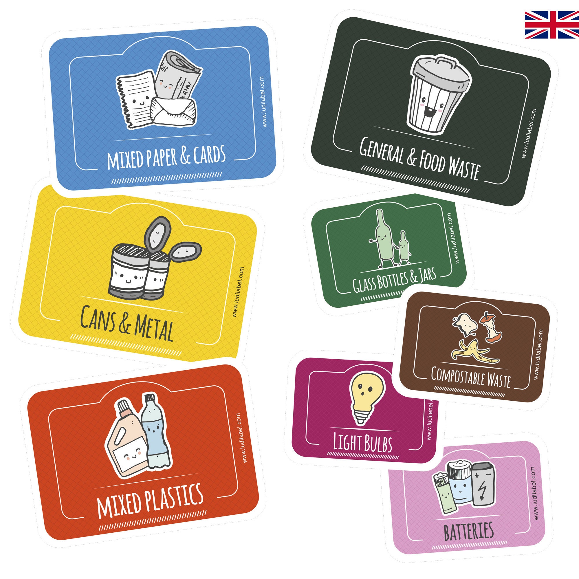 Set of 7 Selective Sorting Labels to mark recycling bins and facilitate ...