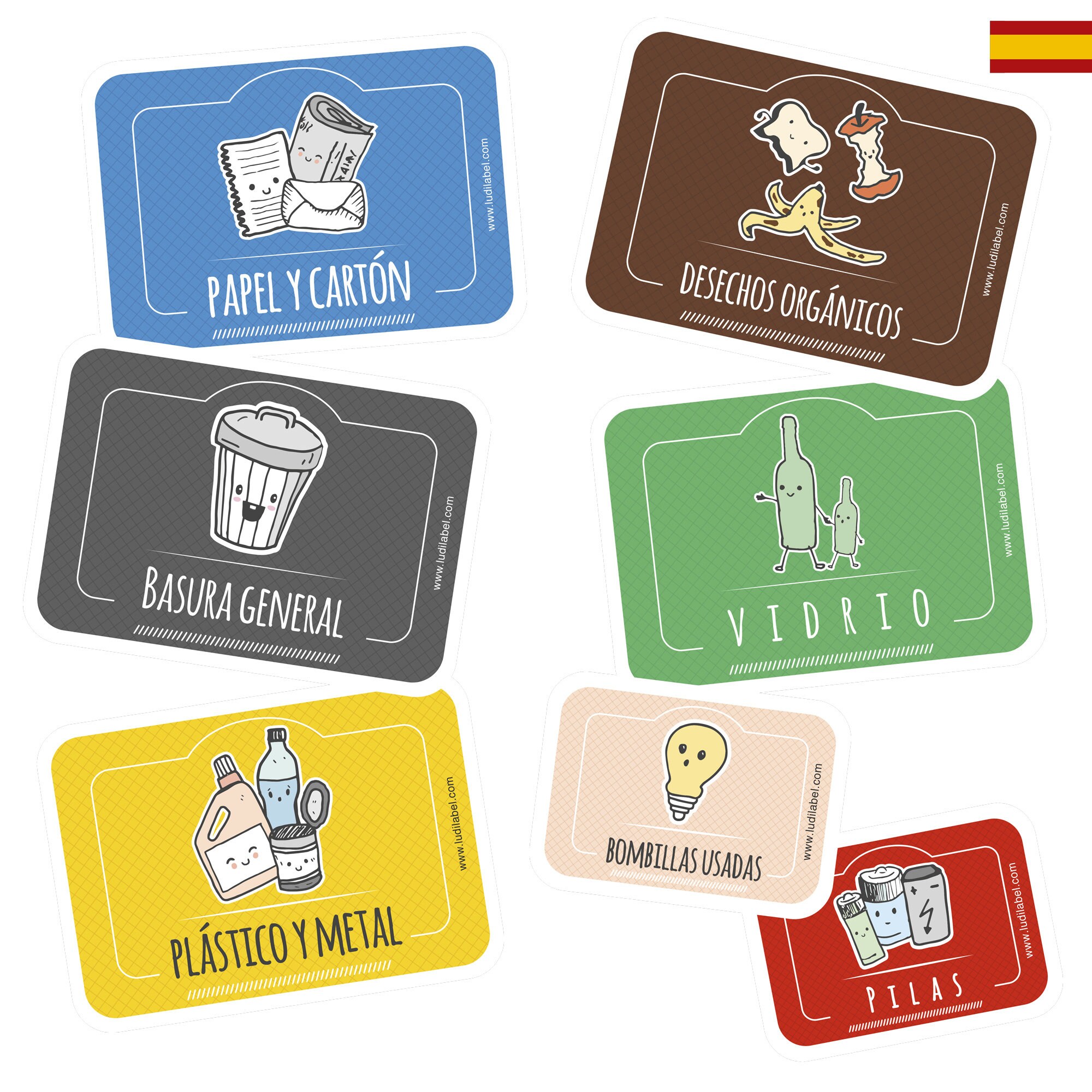 Set of 7 Selective Sorting Labels to mark recycling bins and facilitate ...