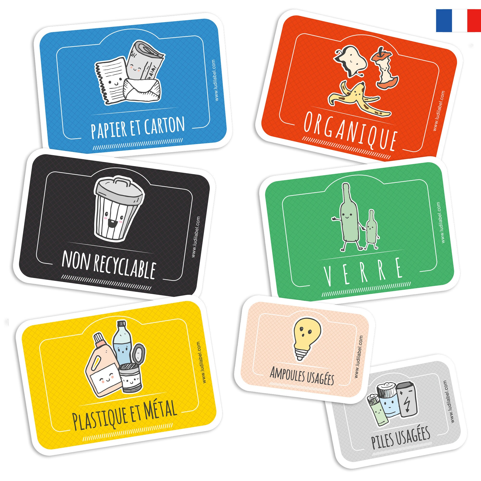 Set of 7 Selective Sorting Labels to mark recycling bins and facilitate ...