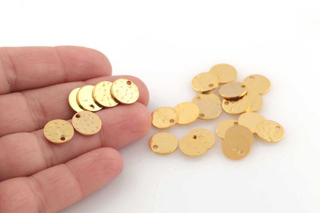 10mm 24k Gold Plated Hammered Circle Charms, 1 Hole Stamping Tag, Gold ...