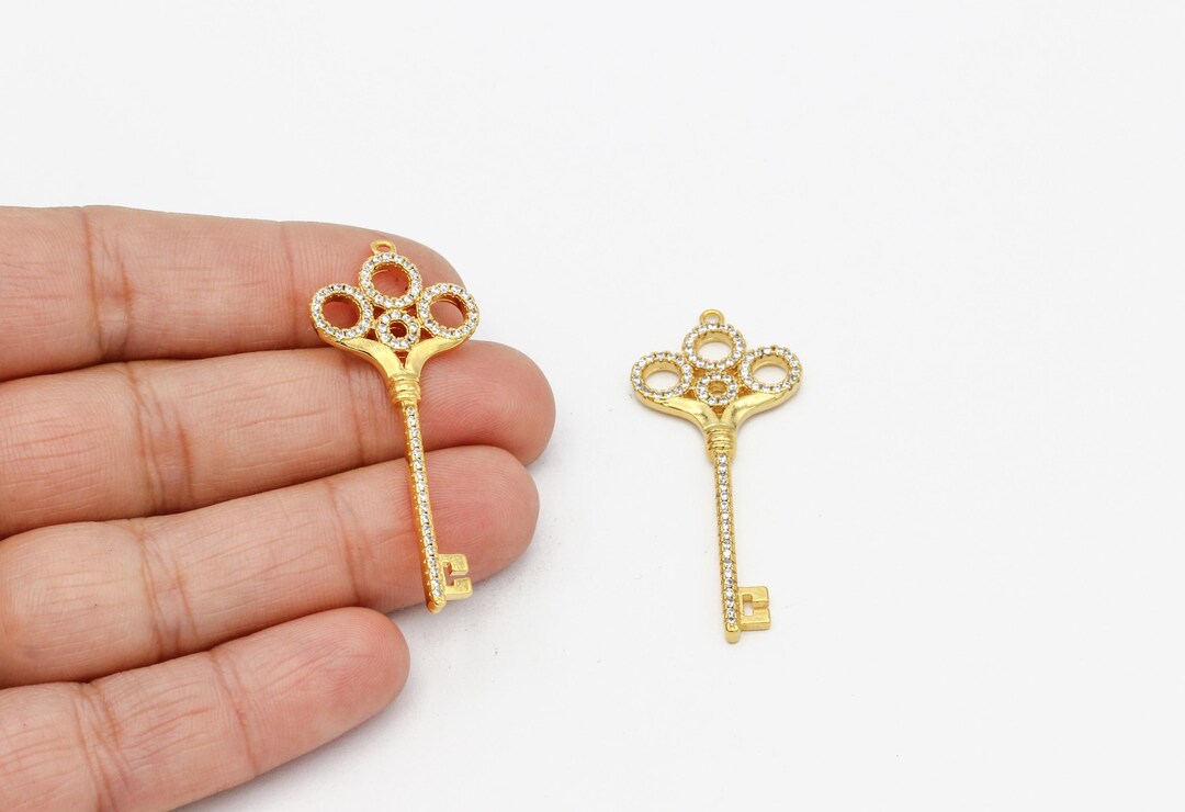 24k Gold Plated Key Pendant, CZ Key Charms, Cubic Zirconia Key Jewelry ...