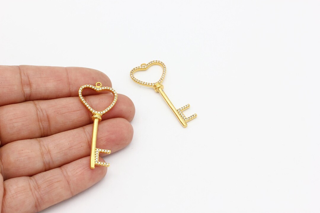 24k Gold Plated Key Pendant, CZ Heart Key Charms, Cubic Zirconia Key ...