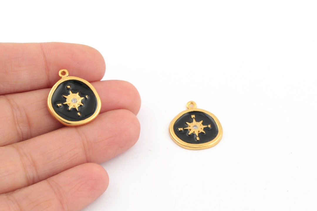 24k Gold Plated Compass Charm, Enamel Compass Pendant, Gold Plated ...