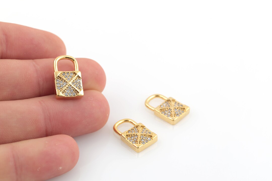 24k Gold Plated Lock Pendant, CZ Lock Charms, Cubic Zirconia Padlock ...