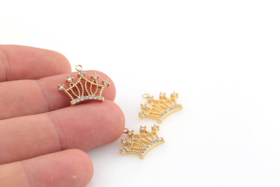 24k Gold Plated Crown Charms, CZ Crown Pendant, Cubic Zirconia King ...