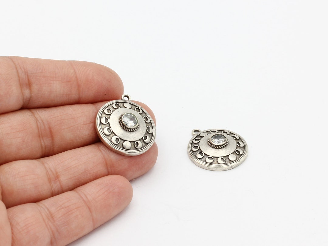 Antique Silver Round Medallion, Round Stone Detailed Medallion ...