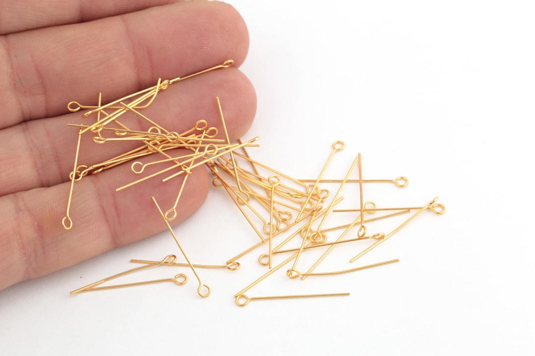 0.60x25mm 24k Gold Plated Eye Pins, Brass Eye Pins, Head Pin, Gold ...
