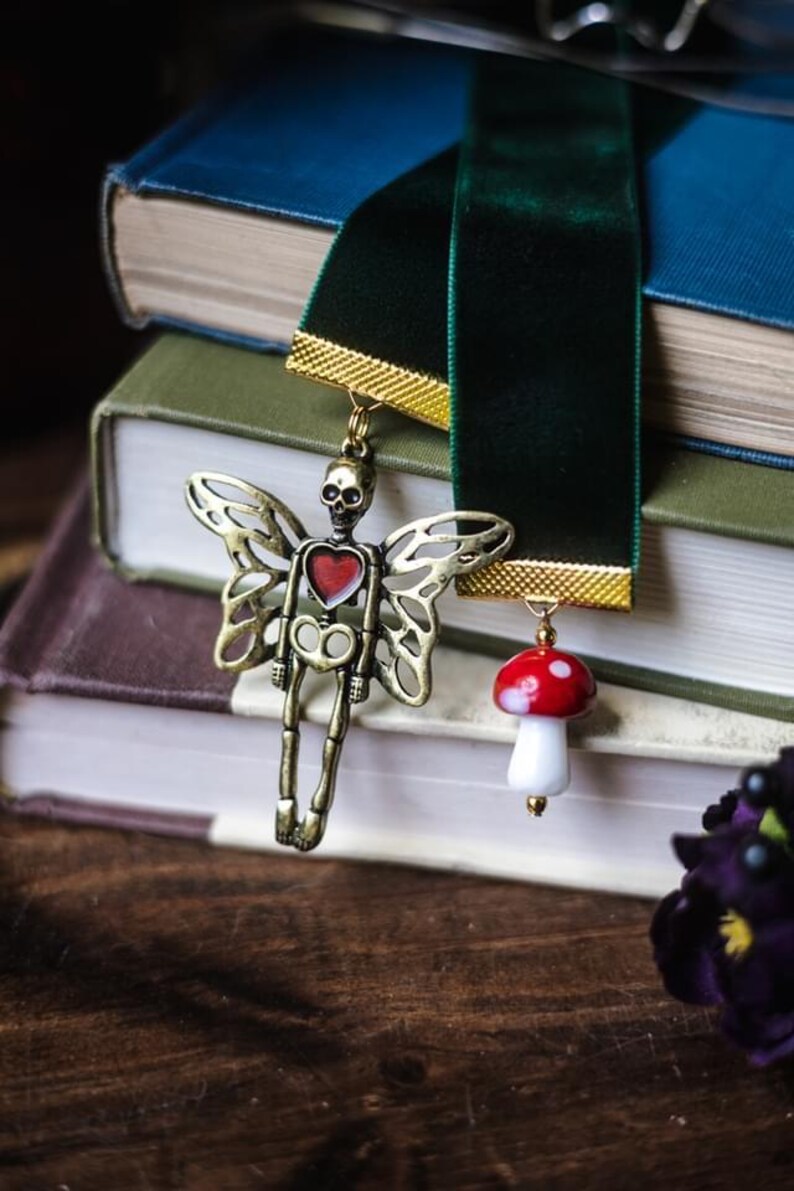 Whimsigoth Bookmark: Dark Green Velvet Ribbon, Skeleton & Mushroom ...