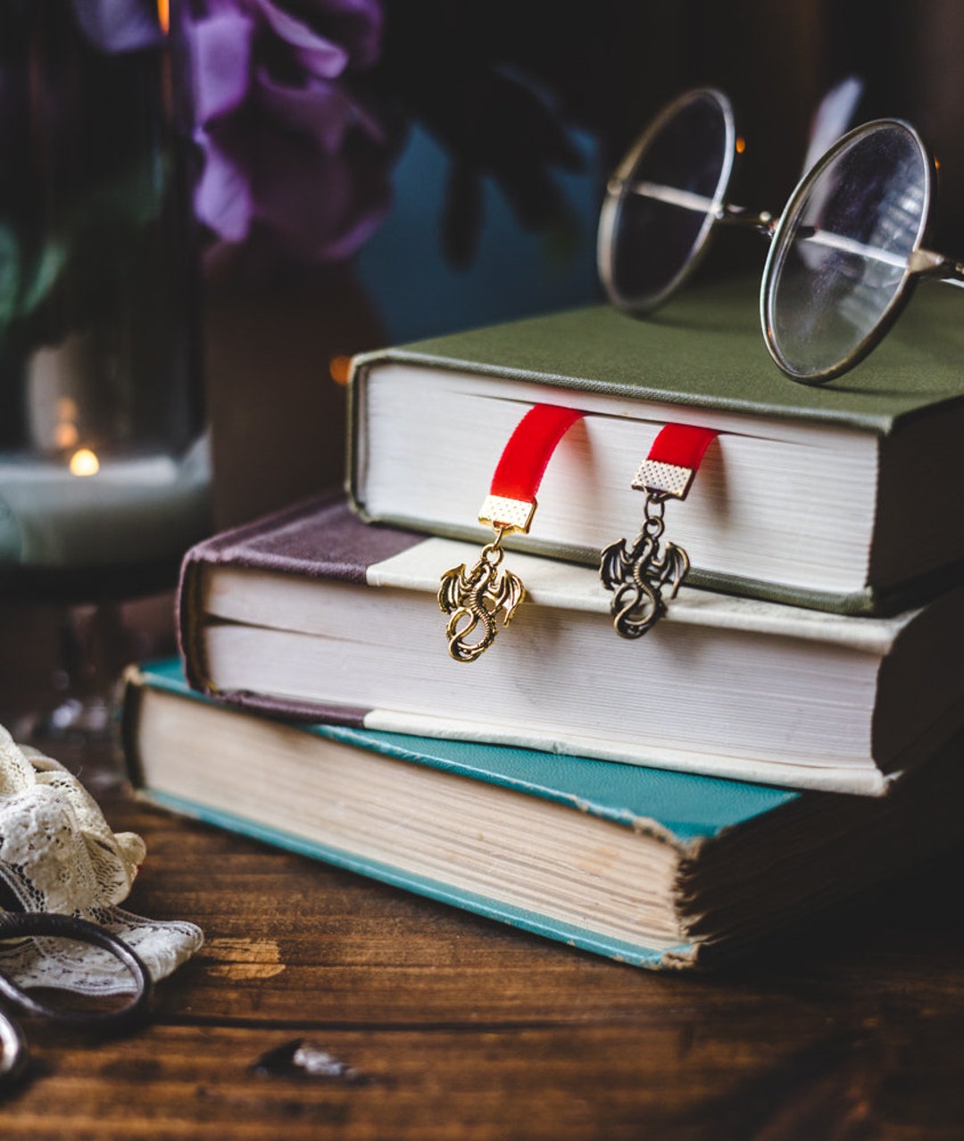 Book Dragon, Red Velvet Ribbon Bookmark, Bookmark, Charmed Bookmark ...