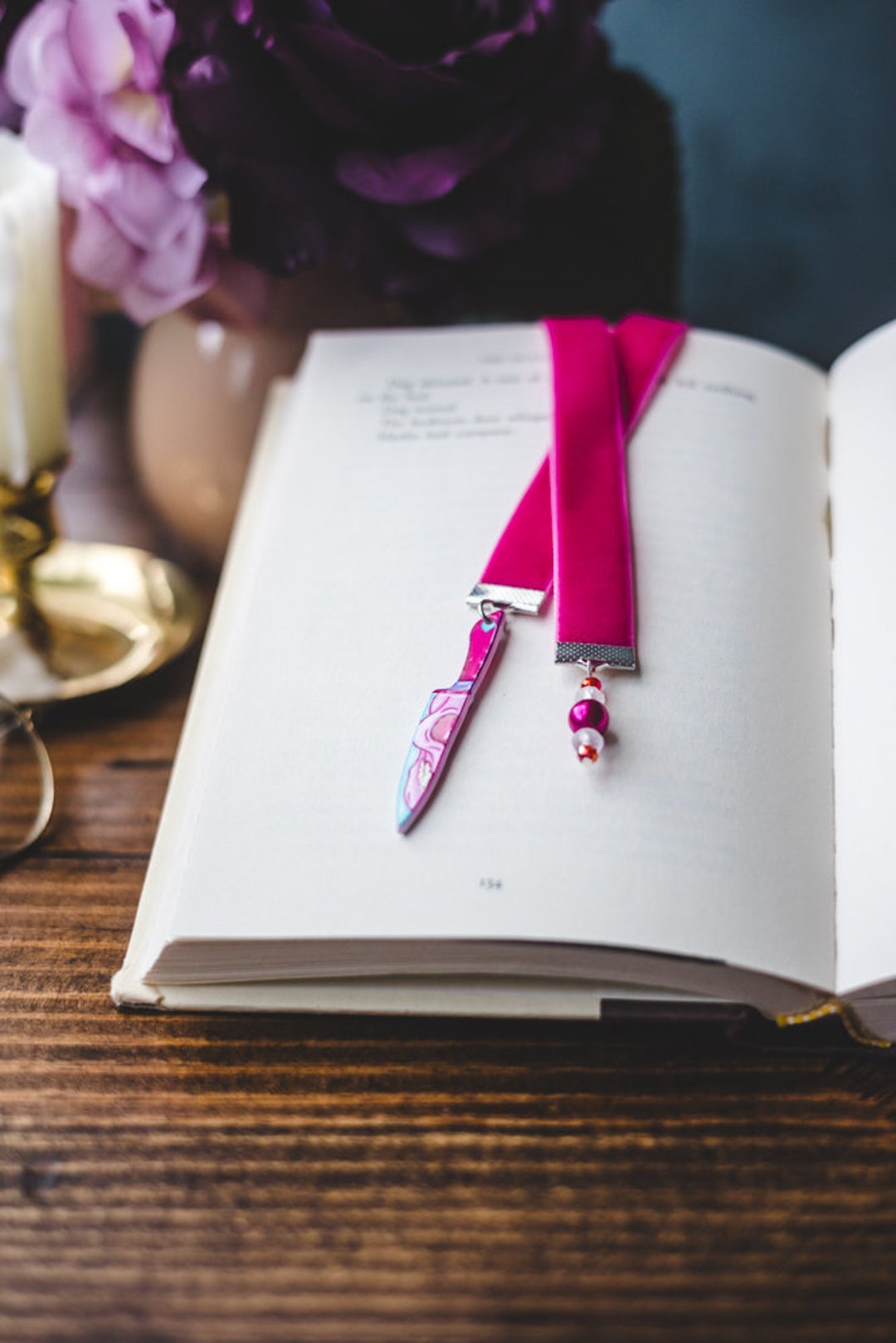 Skull Knife Bookmark, Hot Pink Velvet Ribbon Bookmark, Ribbon Bookmark ...