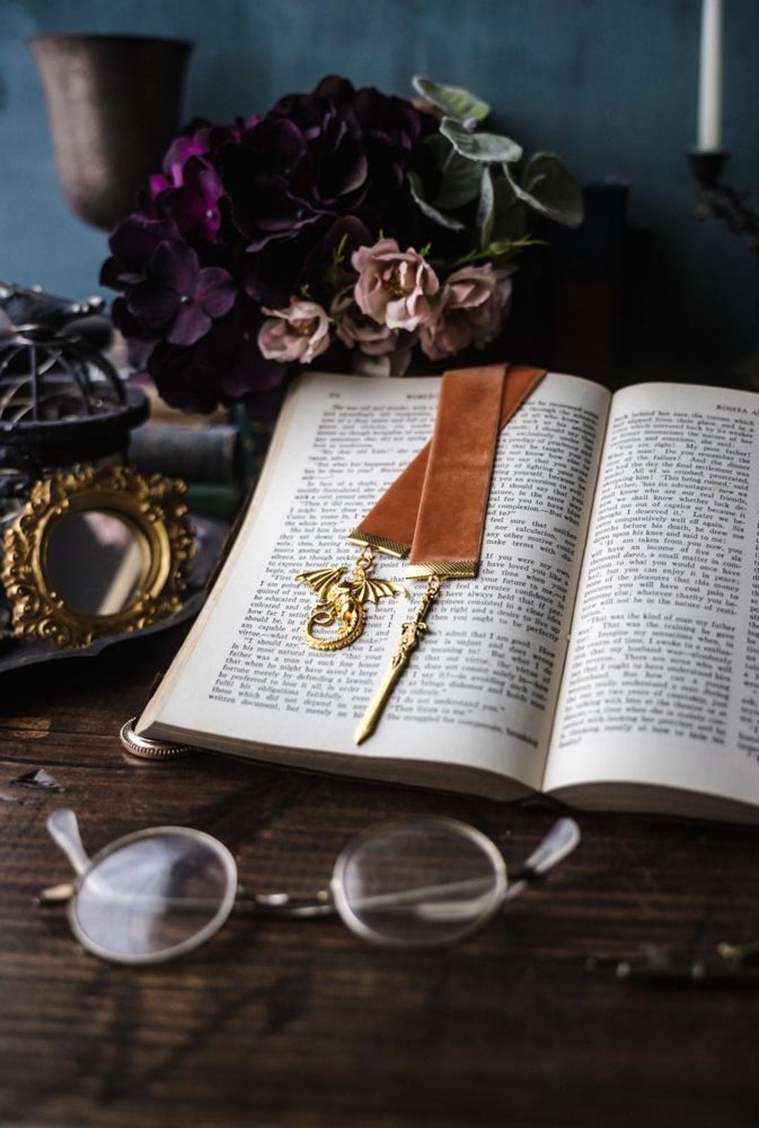 Dragon Charmed Bookmark: Burnt Orange Velvet Ribbon, Gold Sword - Etsy