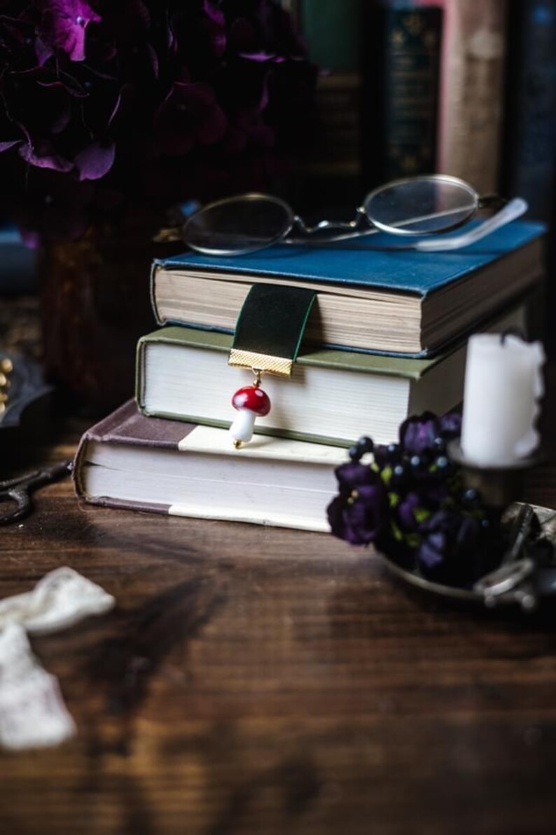 Whimsigoth Bookmark: Dark Green Velvet Ribbon, Skeleton & Mushroom ...