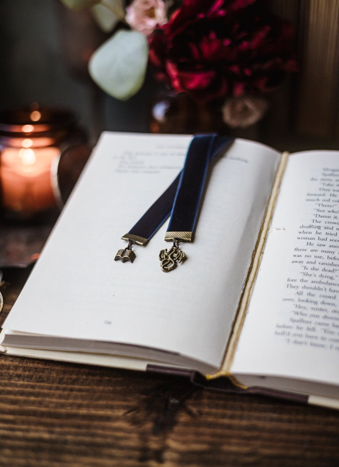 Dragon Charmed Bookmark: Dark Blue Velvet Ribbon, Book Accessory - Etsy