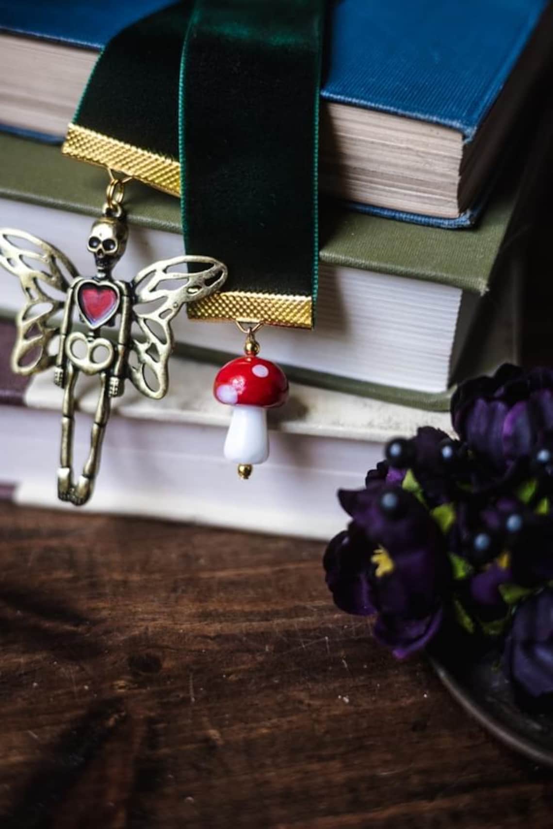 Whimsigoth Bookmark: Dark Green Velvet Ribbon, Skeleton & Mushroom ...