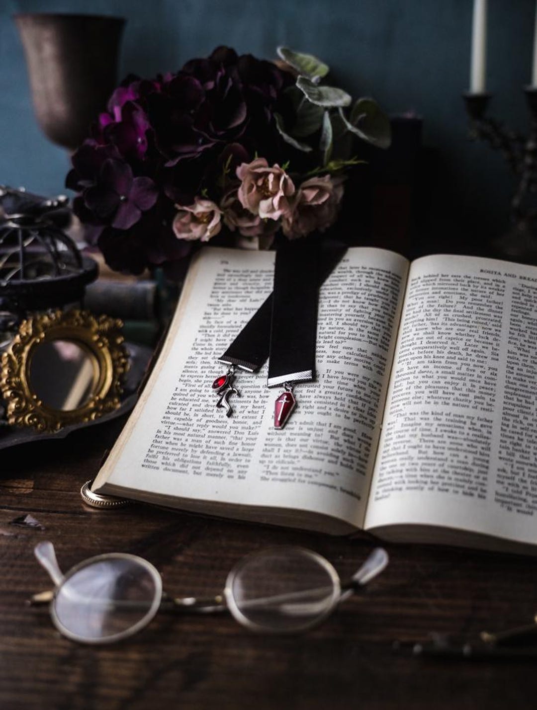 Black Velvet Vampire Bookmark: Wing & Coffin Charms - Reader Gift - Etsy