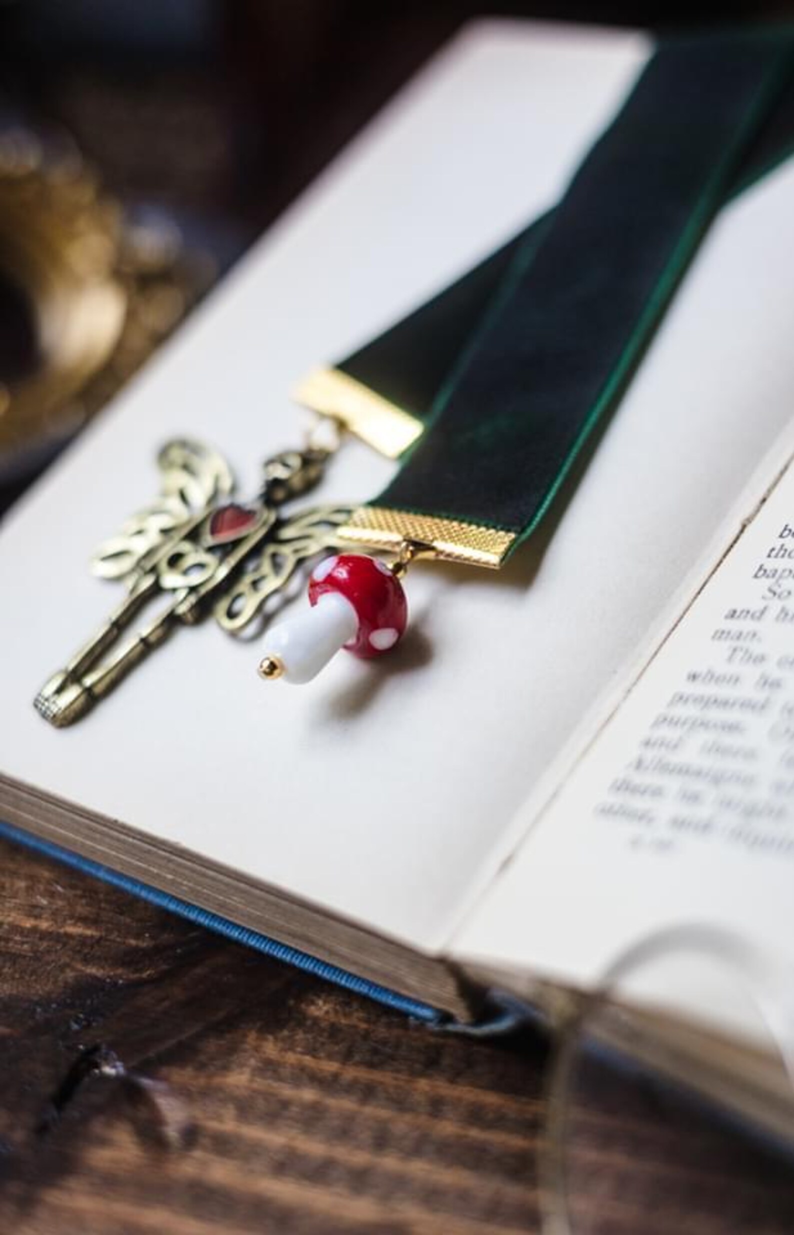 Whimsigoth Bookmark: Dark Green Velvet Ribbon, Skeleton & Mushroom ...