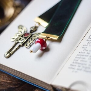 Whimsigoth Bookmark: Dark Green Velvet Ribbon, Skeleton & Mushroom ...