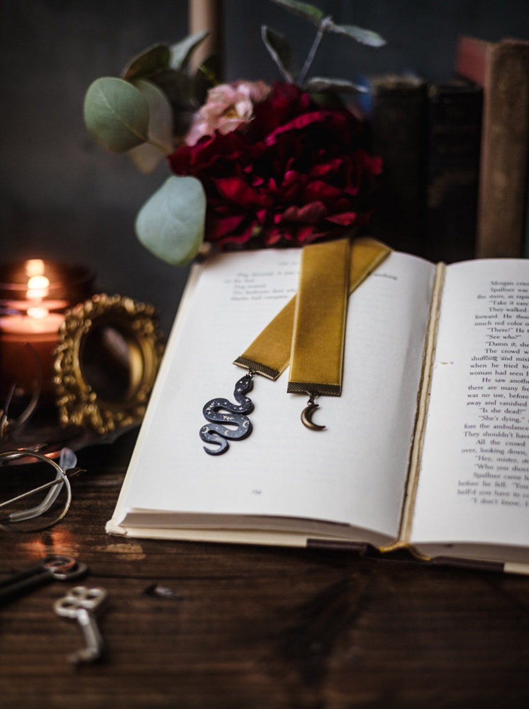 Celestial Snake Bookmark: Antique Gold Velvet Ribbon, Bronze Moon - Etsy